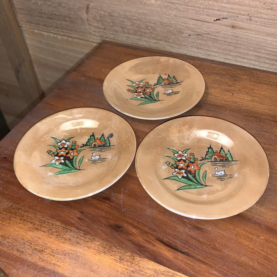 VTG Miniature Child Tea Set Pearlescent Lusterware Japan Flowers Swan ...