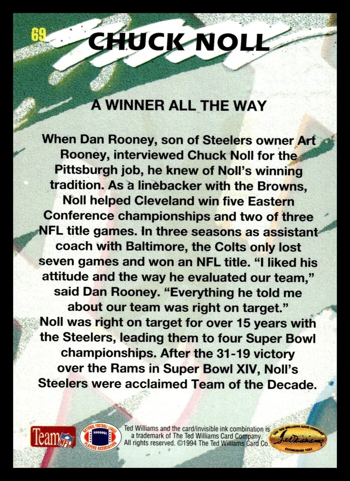 1994 Ted Williams R. Staubach Football #69 Chuck Noll HOF Steelers | eBay