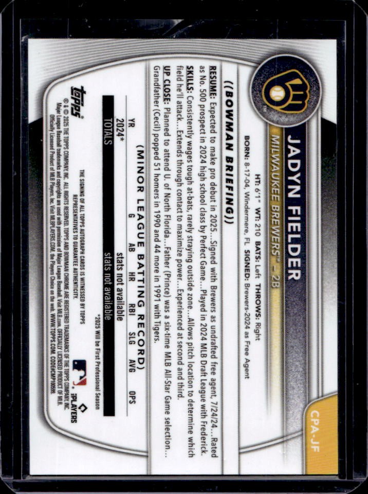 2025 Bowman Jadyn Fielder Chrome Prospect Auto #CPA-JF Brewers | eBay