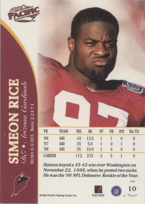 1999 Pacific Simeon Rice #10 for sale | eBay
