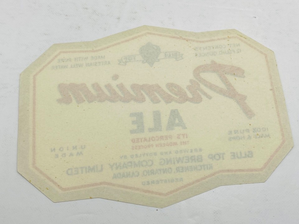 G Canada Beer BOTTLE LABEL Blue Top Brewery Premium Ale Kitchener ...