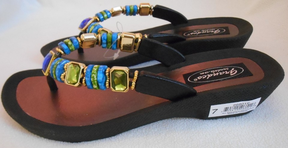 GRANDCO SANDALS PALM LEAF V-THONG Blue Green Frosted & JEWELED Black ...