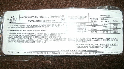1975 CHEVROLET CORVETTE 350 165HP ENGINE EMISSIONS SPECIFICATIONS DECAL ...