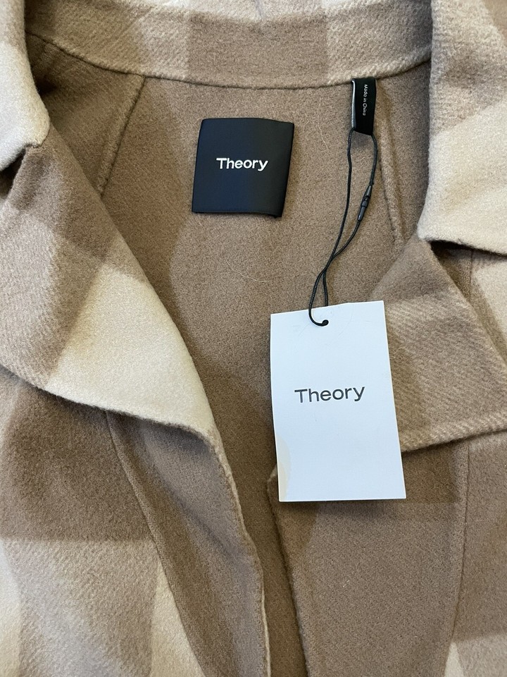 Theory Overlay Check DF Double Face Wool Coat Camel Multi Size XL 14-16 ...