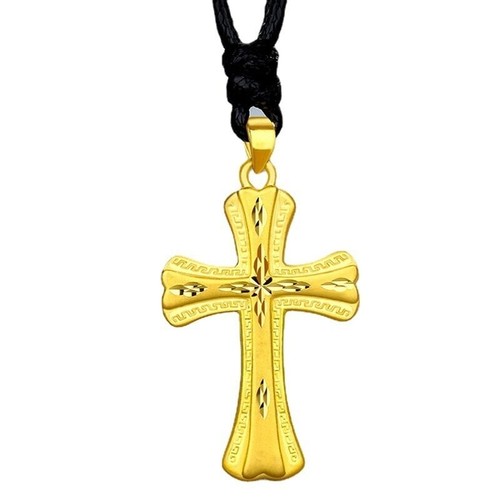 Religious Jewelry 24K Gold Plated Cross Pendant Leather Rope Necklace ...