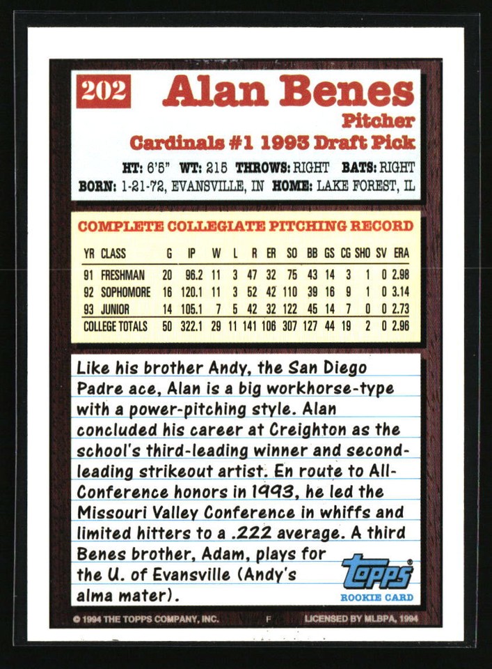 Alan Benes 1994 Topps #202 Rookie | eBay