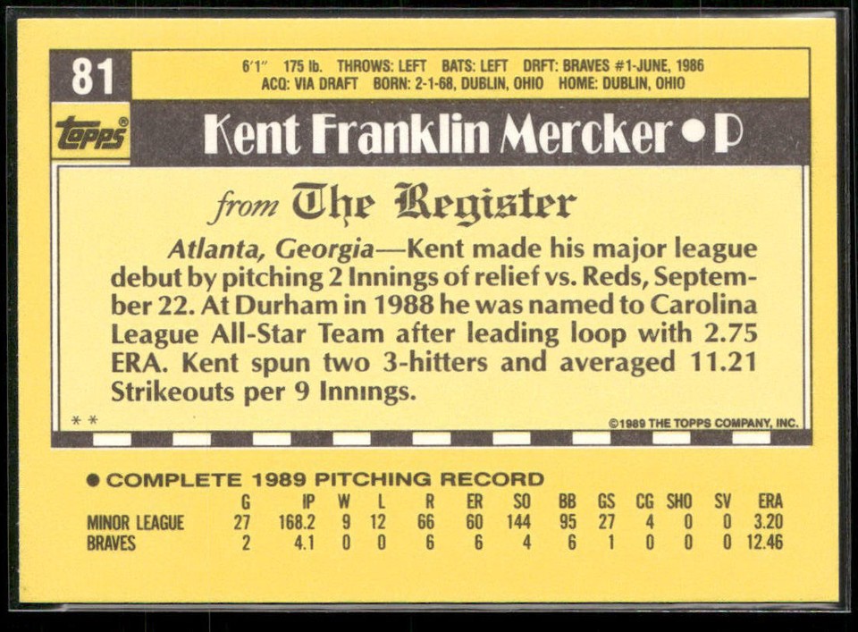 1990 Topps Major League Debut 1989 #81 Kent Mercker | eBay