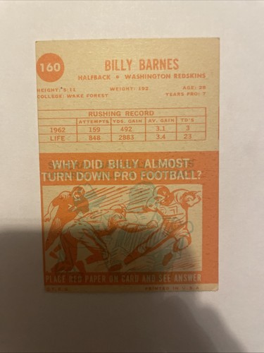 1963 Topps 160 Bill Barnes Washington Redskins GREAT CONDITION | eBay