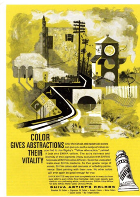 1970 SHIVA ACRYLIC PRINT AD, JON RIGSBY, YELLOW ABSTRACTION ART SUPPLY ...