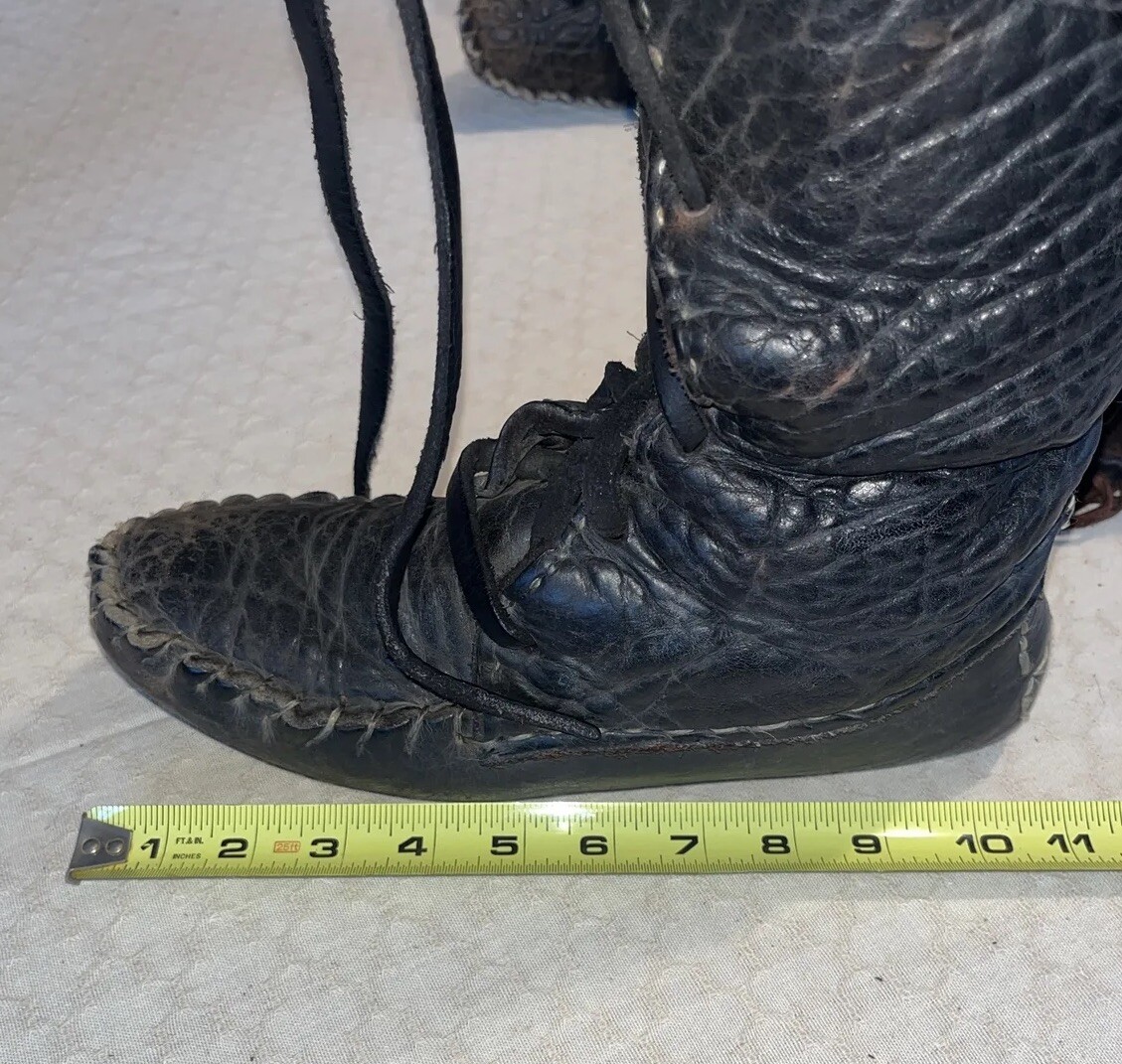 Primitive Antique Hand Made Fringed Black Leather Moccasin Tie Up Boots ...