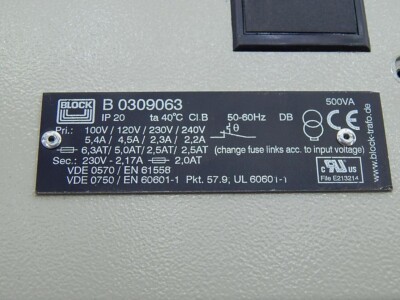 Block B Transformer 0309063, IP 20, VDE 0570 / EN 61558, VDE 0750 / EN ...