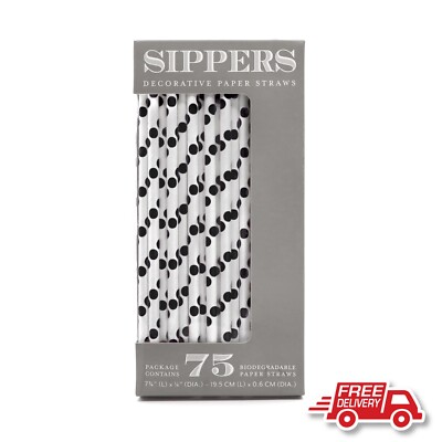 SIPPERS DECORATIVE PAPER STRAWS-75 PACK-BLACK POLKA DOT**FREE POST ...