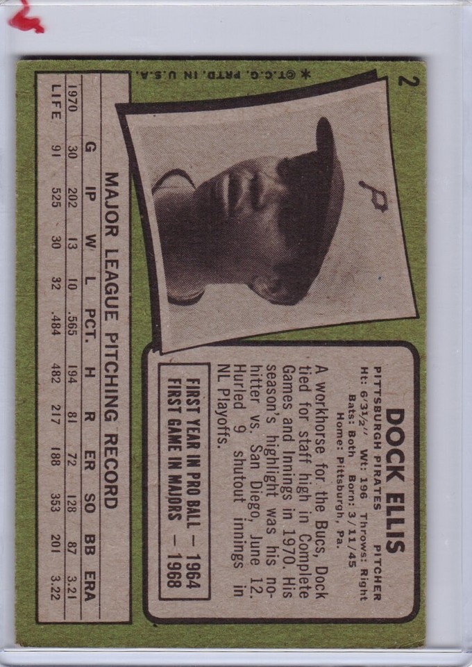 1971 Topps Dock Ellis # 2 Pittsburgh Pirates | eBay