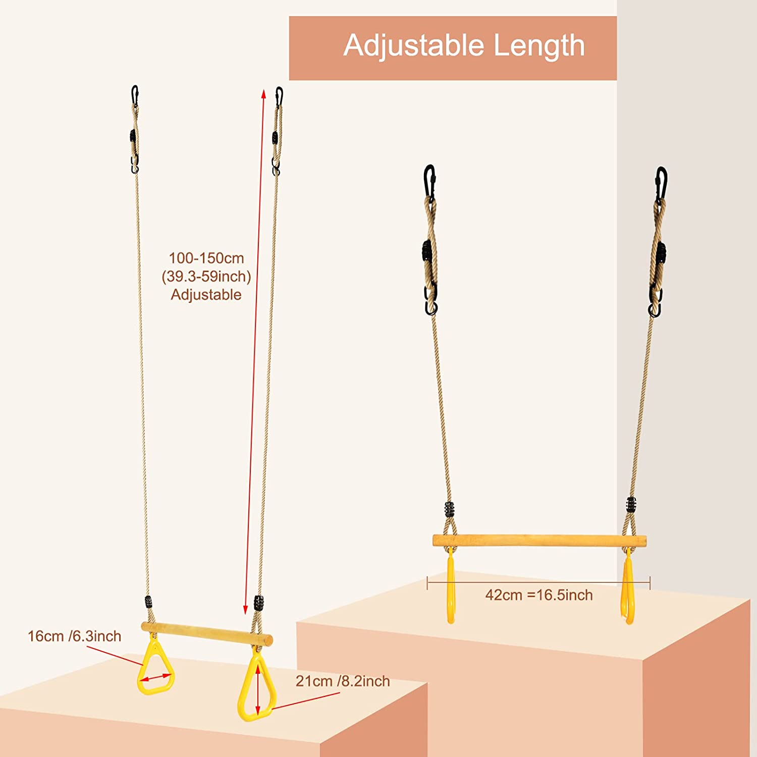 Wooden Trapeze Swing Bar with Plastic Gym Rings Adults Children'S Swing ...