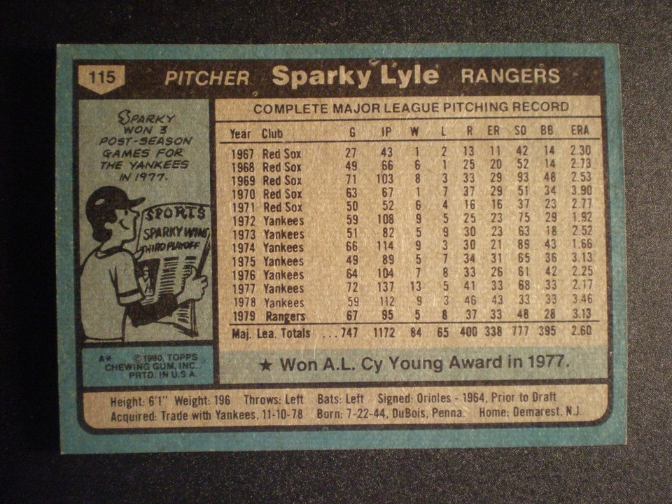 1980 Topps Baseball Rangers Sparky Lyle Card # 115 | eBay