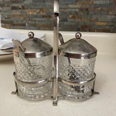 Vtg Sheffield Glass Condiment Cruet Jars w Lids Serving Spoons Made in ...