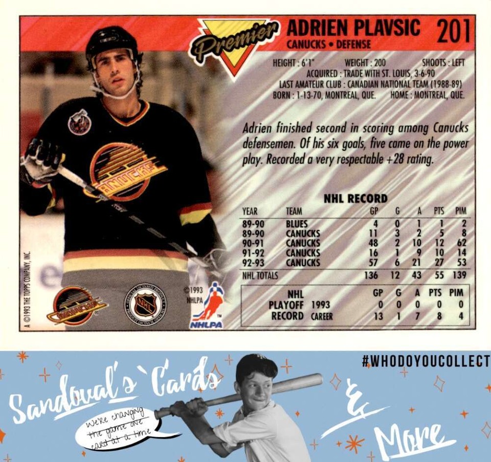 1993 Topps Premier #201 Adrien Plavsic ID:45579 | eBay
