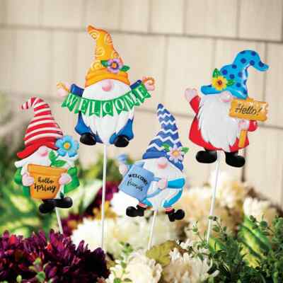 Set of "Welcome, Hello" Gardening Gnomes Metal Planter Garden Stakes | eBay