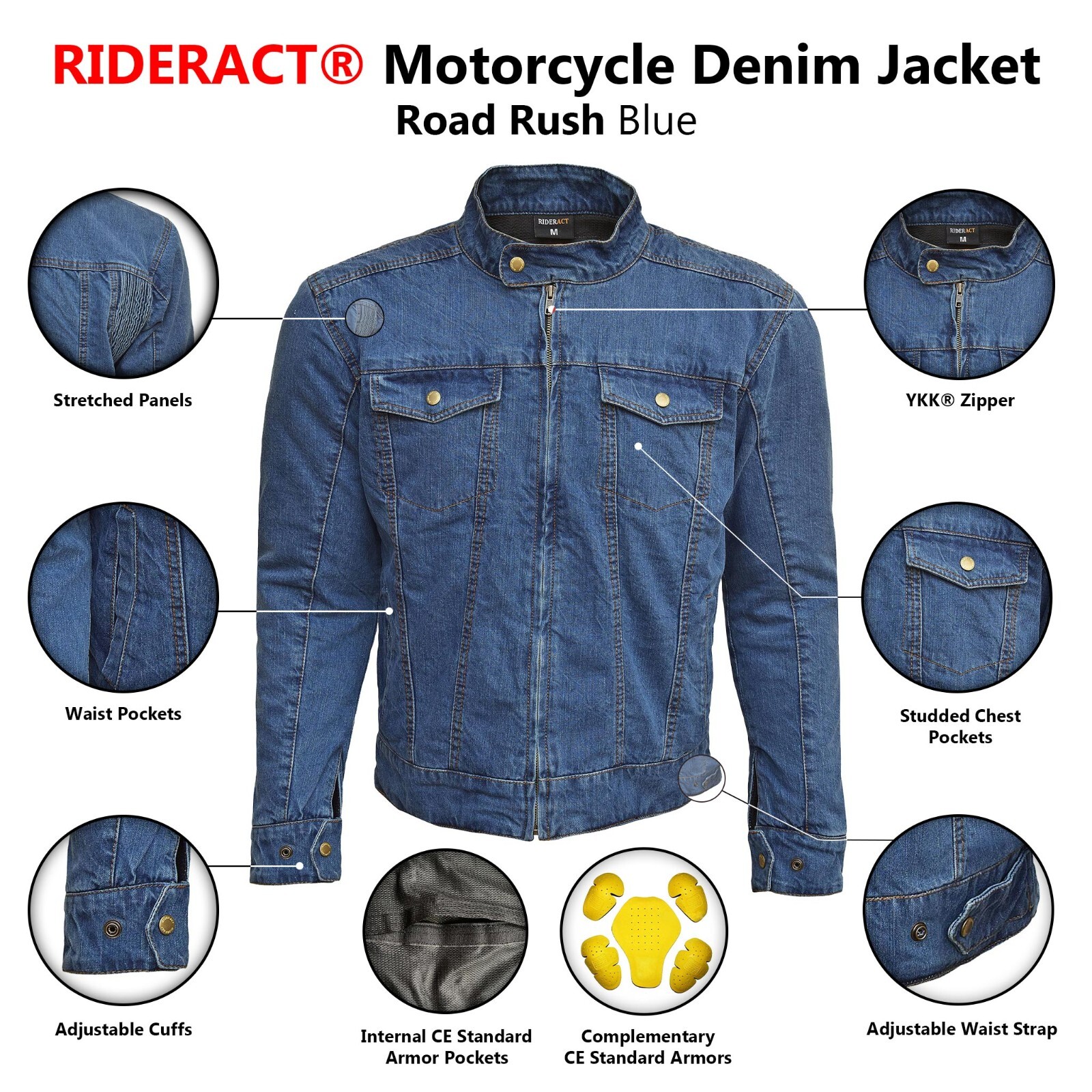 RIDERACT® Denim Motorcycle Jacket for Men Road Rush Reinforced ...