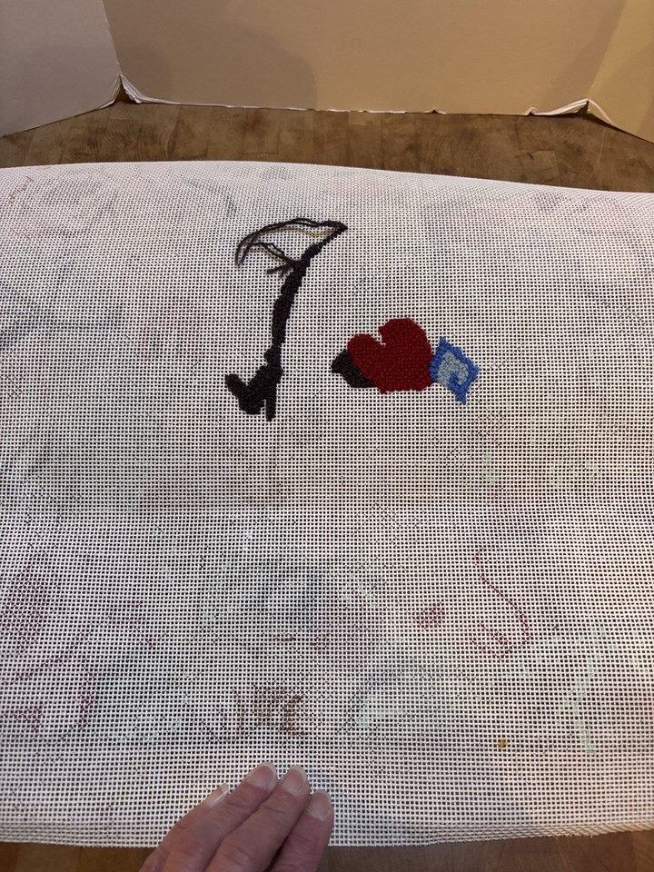 Handpainted Signed Needlepoint Canvas Garden Rabbit Floral Berries ...