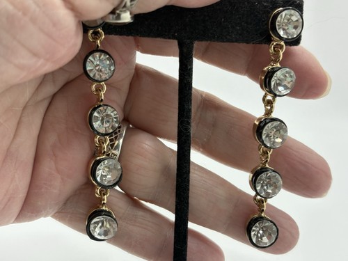 Gold Tone Crystal Rhinestone Set In Black Bezel Chain Dangle Pierced ...