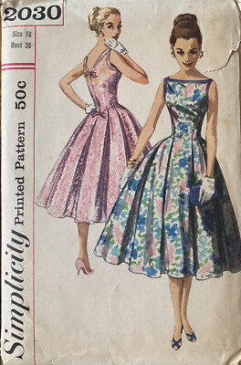 Vtg 50's Simplicity 2030 V-back Party Dress Sewing Pattern UNCUT sz 16 ...