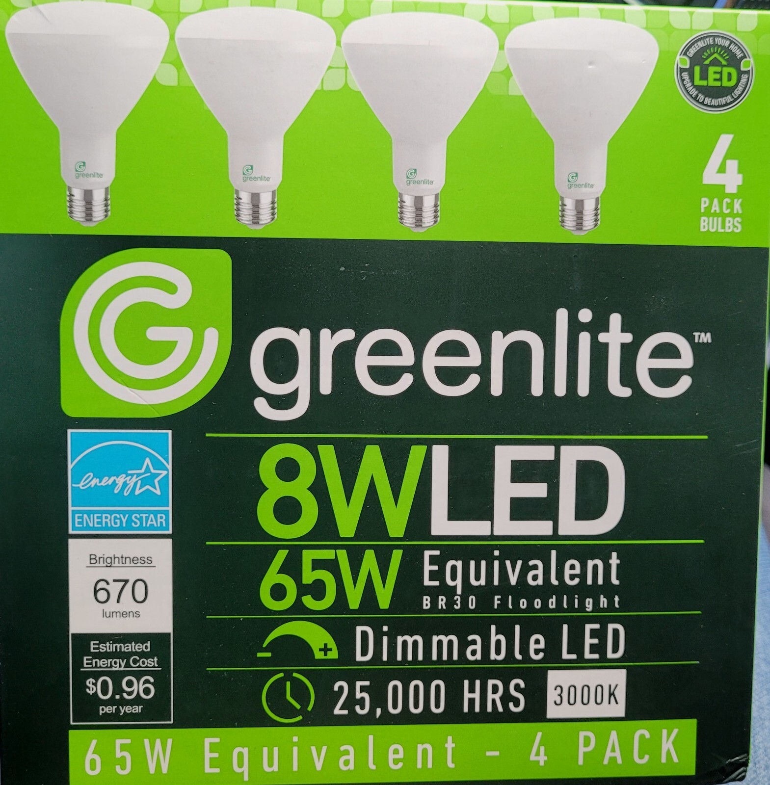 GreenLite 8W 65W Equivalent Dimmable LED Floodlight 4 pack Bulbs BRAND ...