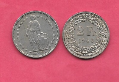 SWITZERLAND SWISS KM21a.1 1968 VF-VERY FINE CIRCULATED OLD 2 FRANC COIN ...