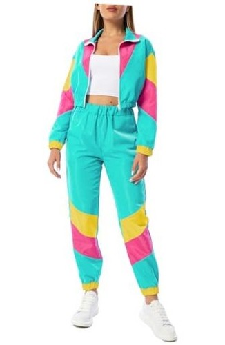 Womens Color Block 2 Piece Windbreaker Outfits Long Sleeve Zip Large ...