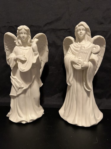 PartyLite Mandolin & Lyre Angels Set Of 2 Bisque Porcelain Taper Candle ...