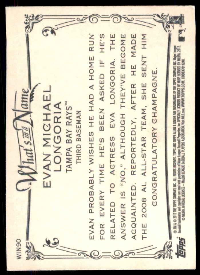 2012 TOPPS ALLEN & GINTER WHAT'S IN A NAME? EVAN LONGORIA TAMPA BAY ...