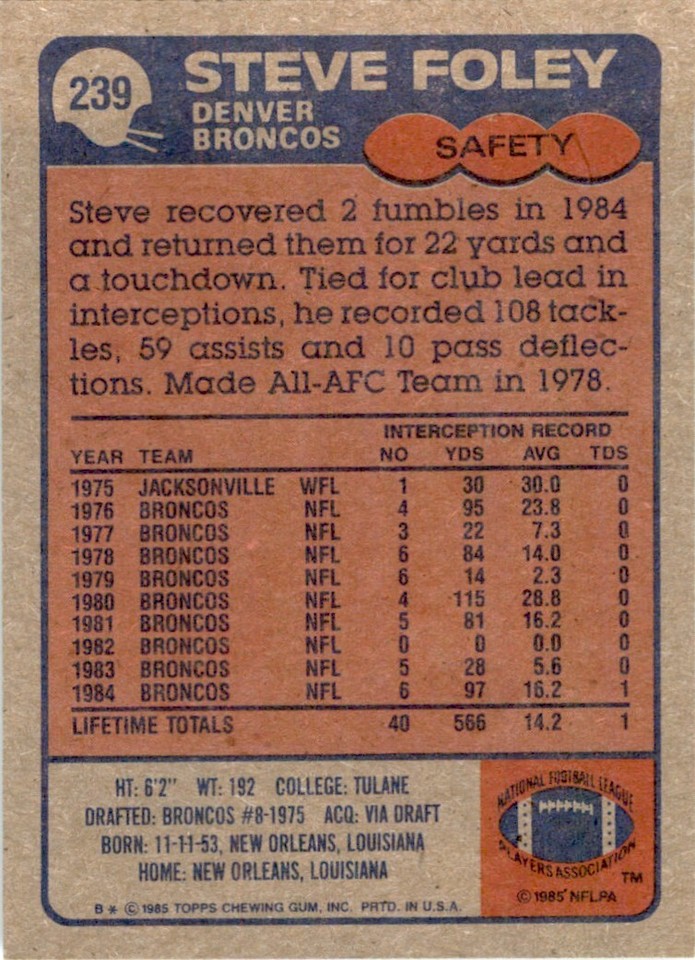 1985 Topps Steve Foley Denver Broncos #239 | eBay