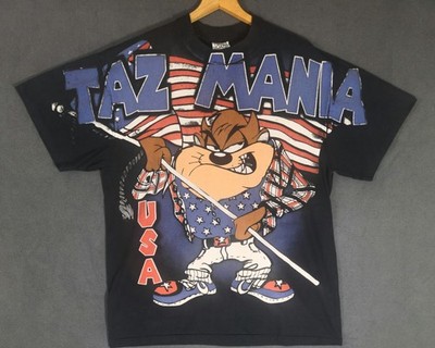 Vintage Taz Mania USA Flag All Over Print T-Shirt Size XL Fits L Oneita ...
