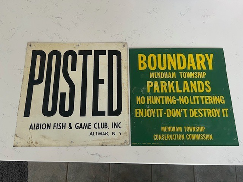 2 Vintage Tin Tacker signs. New York Albion Fish and Game Club Hunting ...