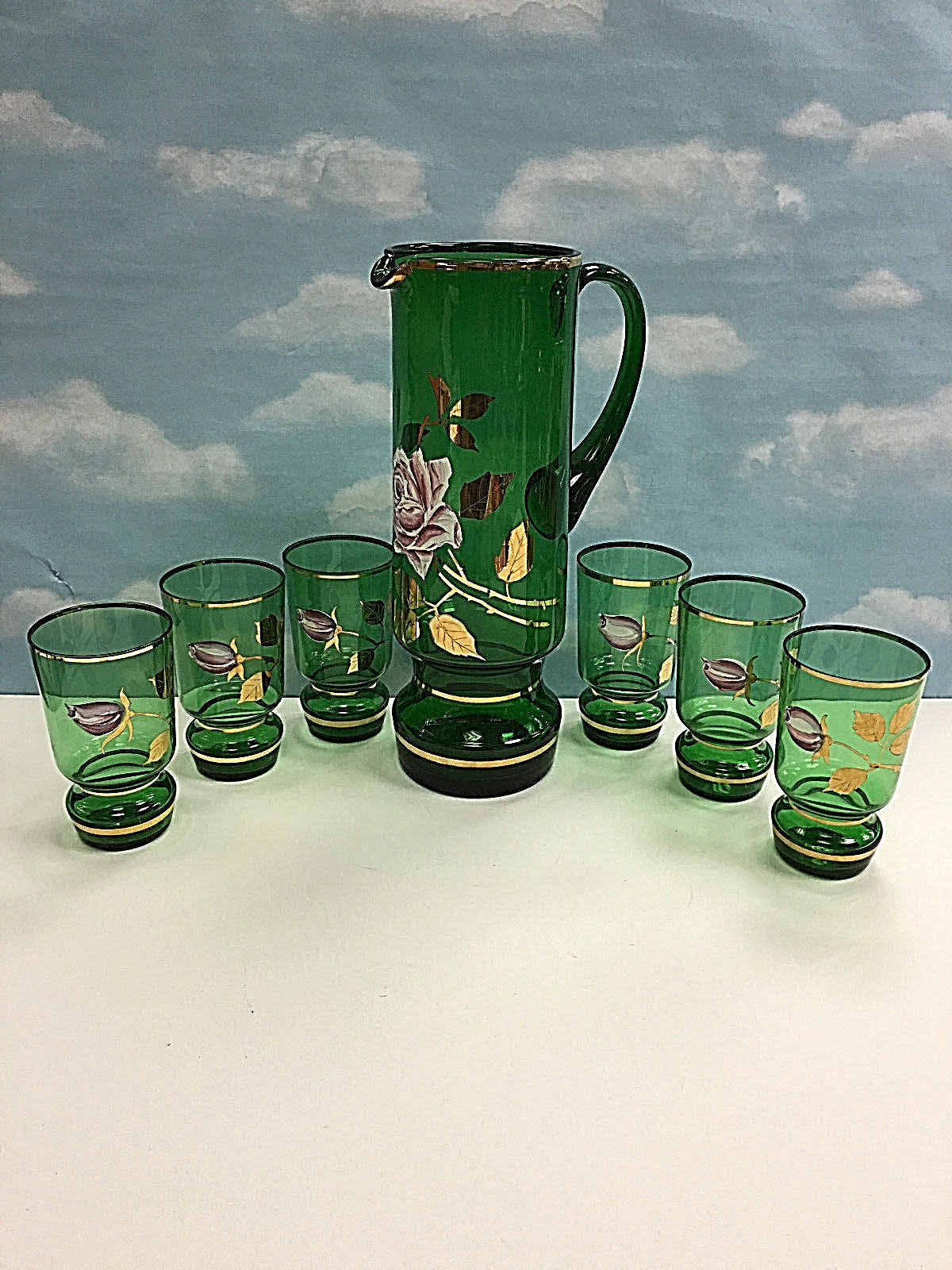 Green Glass Pitcher With Gold