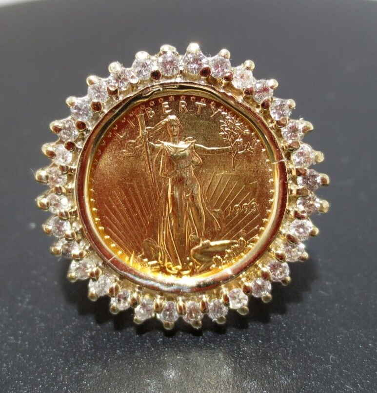14K / 22K 1/10 OZ. PURE GOLD LIBERTY COIN RING W/ DIAMONDS 0.40 tcw SZ ...