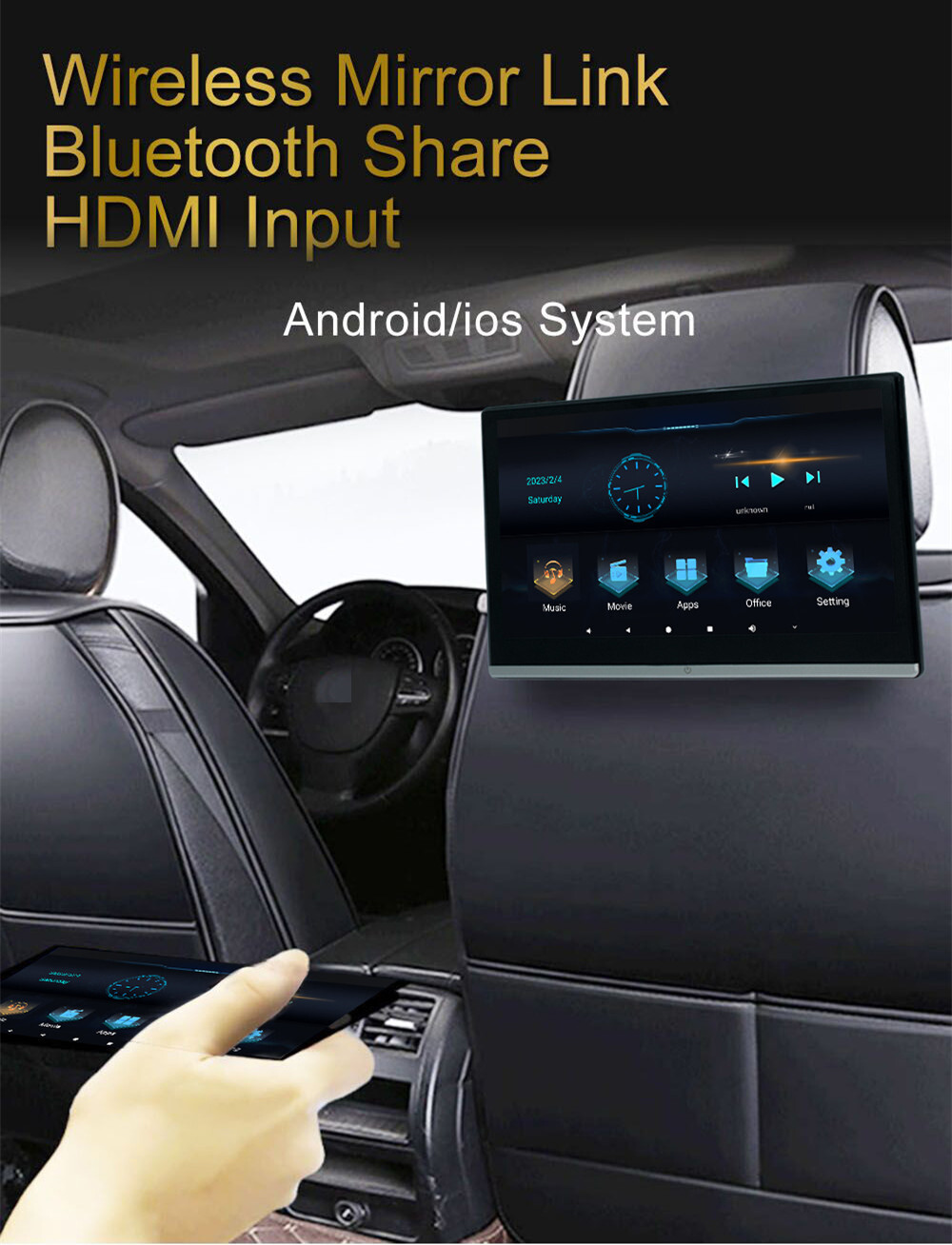 2Pcs 13.3in Car Rear Android Headrest Monitor Bluetooth Touch Screen ...