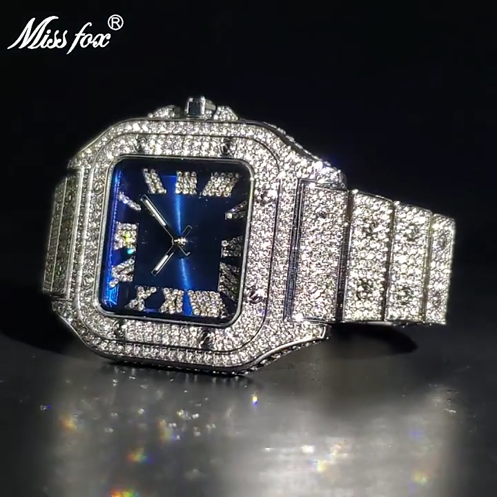 Luxury Fully Ice out Men's Watch Iced Bling Hip Hop Diamond Silver Blue ...