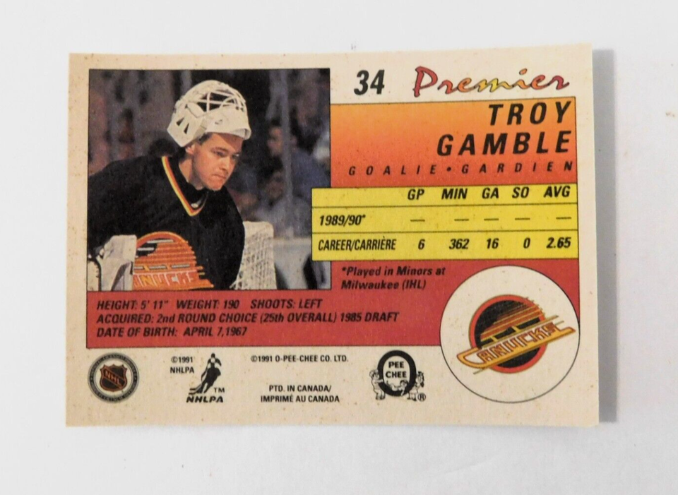 1989 1990 Troy Gamble O-Pee-Chee Premier #34 Vancouver Canucks Hockey ...