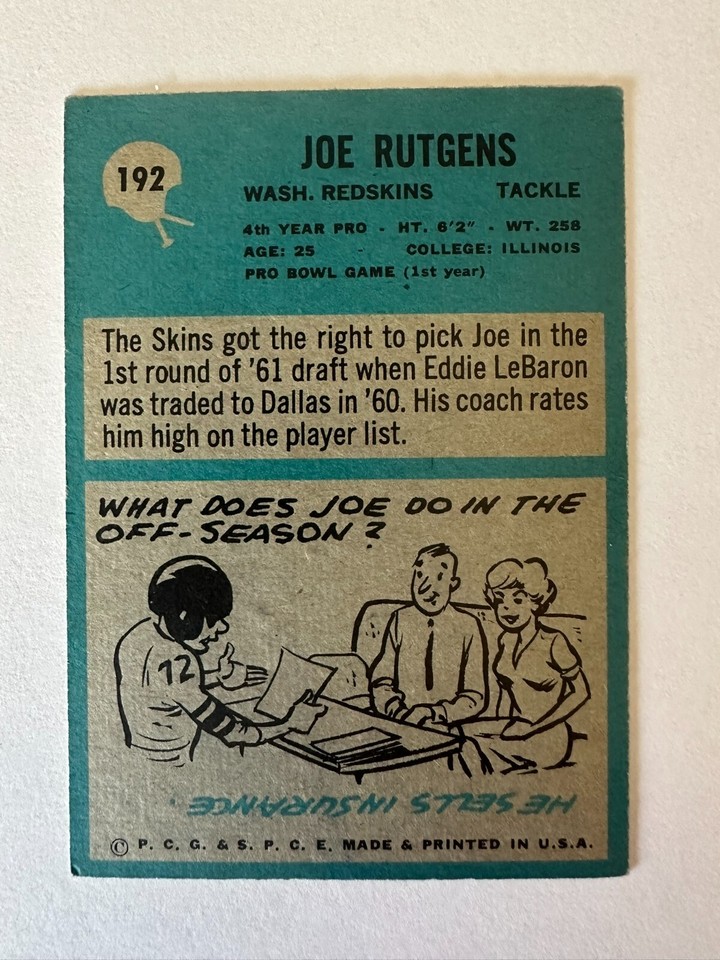 1964 Philadelphia Joe Rutgens Signed RC Rookie Card Auto Autograph NFL ...