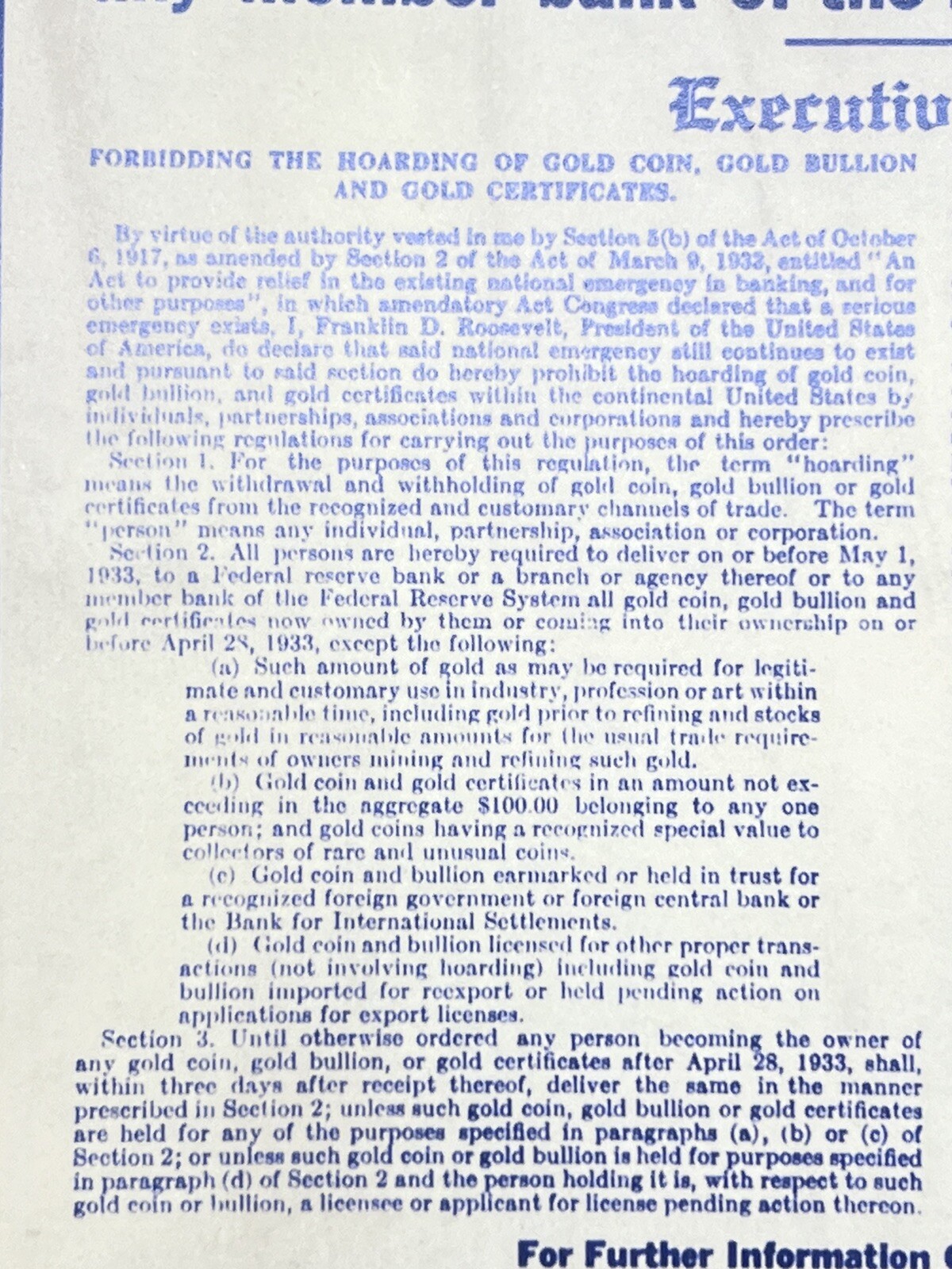 1933 FDR Gold Confiscation Poster Roosevelt Executive Order 6102 ...