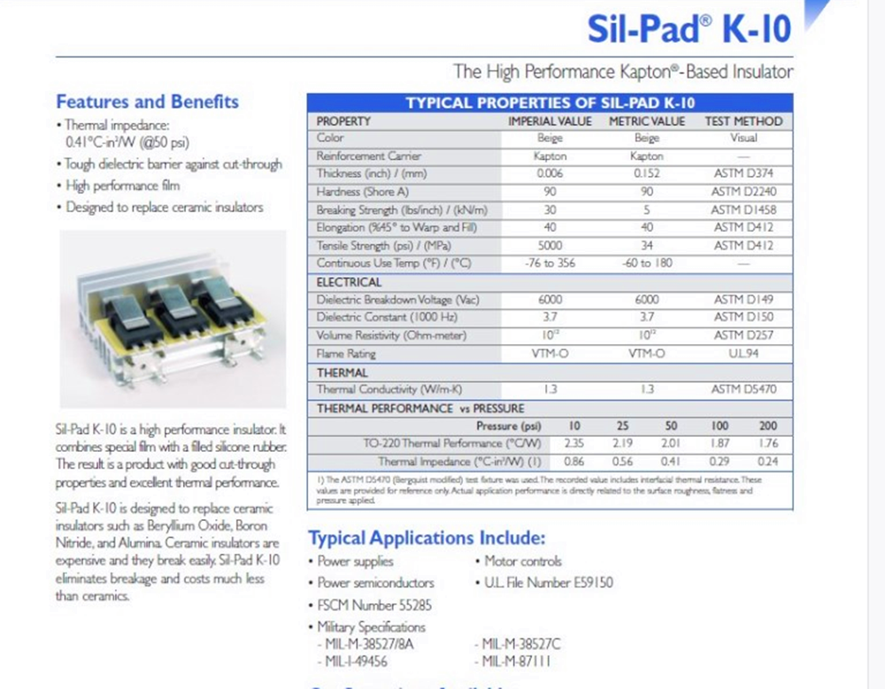 Bergquist Sil-Pad K10 TO-3P /TP-220 /TO-3P3 Thermal Pad Insulators ...