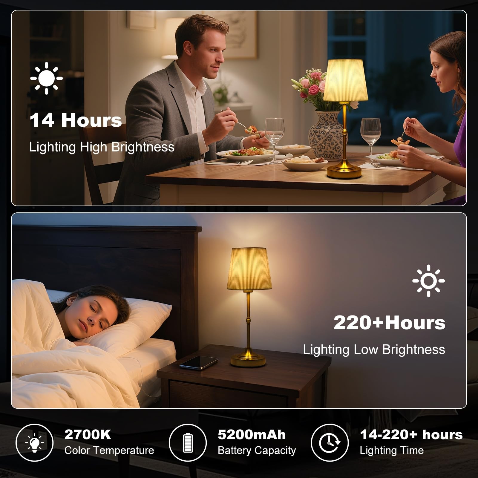 Cordless Table Lamp Rechargeable,5200mAh Battery Powered Bedside Lamps ...