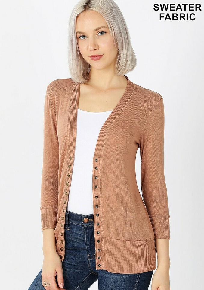 Women's 3/4 Sleeve Snap Button Front Ribbed Detail V Neck Sweater ...