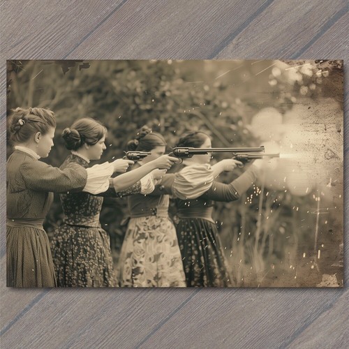 POSTCARD Women Shooting Guns In Fancy Dresses Funny Cute Strange ...
