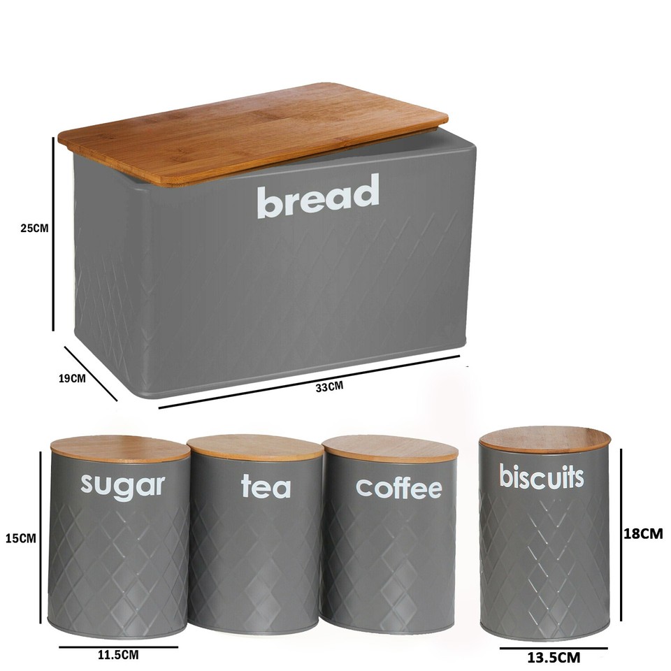 5pc Grey Bread Bin Kitchen Storage Tins Canister Set with Airtight ...