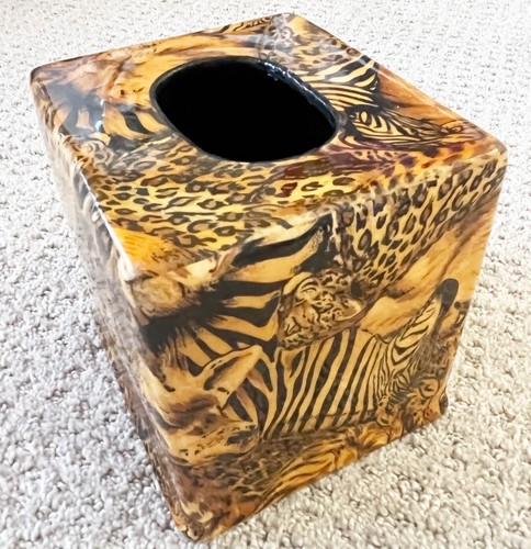 African Safari Tissue Box Cover Ceramic Lions Leopard Giraffe Cheetah ...
