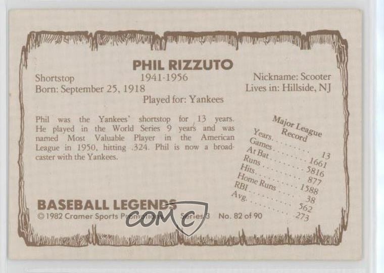 1982 Cramer Baseball Legends Series 3 Phil Rizzuto #82 HOF 6g3 | eBay