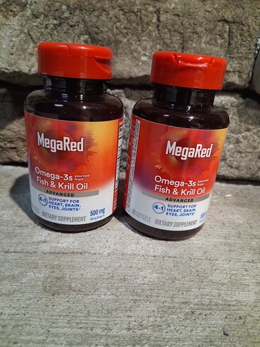 Lot of 2 Mega Red Omega-3 Fish & Krill Oil 500 mg 80 softgels Exp 02/ ...
