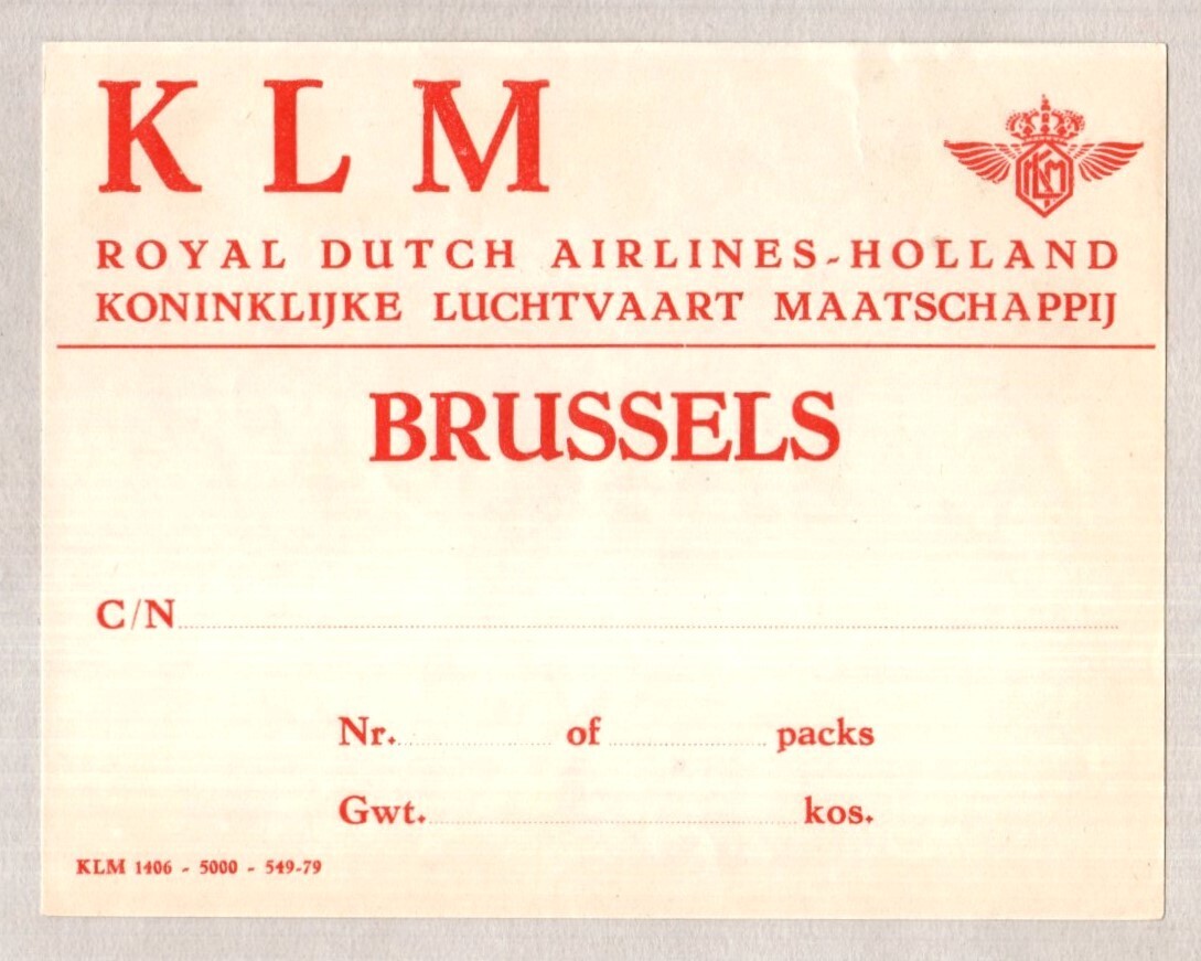 KLM ROYAL DUTCH AIRLINES - BRUSSELS BELGIUM - AIRLINE LUGGAGE LABEL ...
